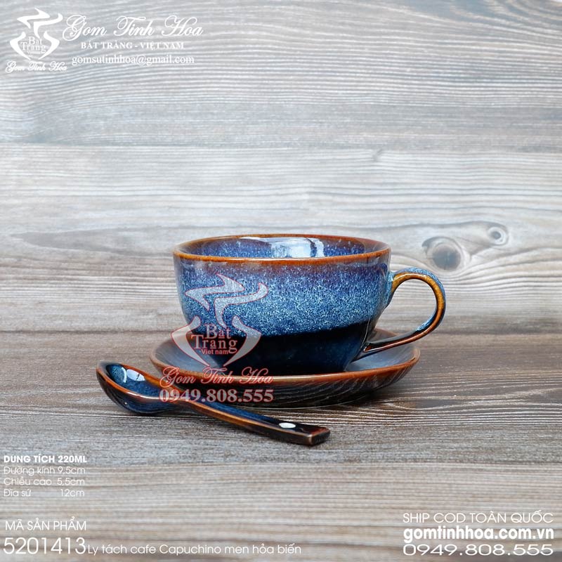 Ly tách cafe Capuchino có thìa gốm sứ men hỏa biến